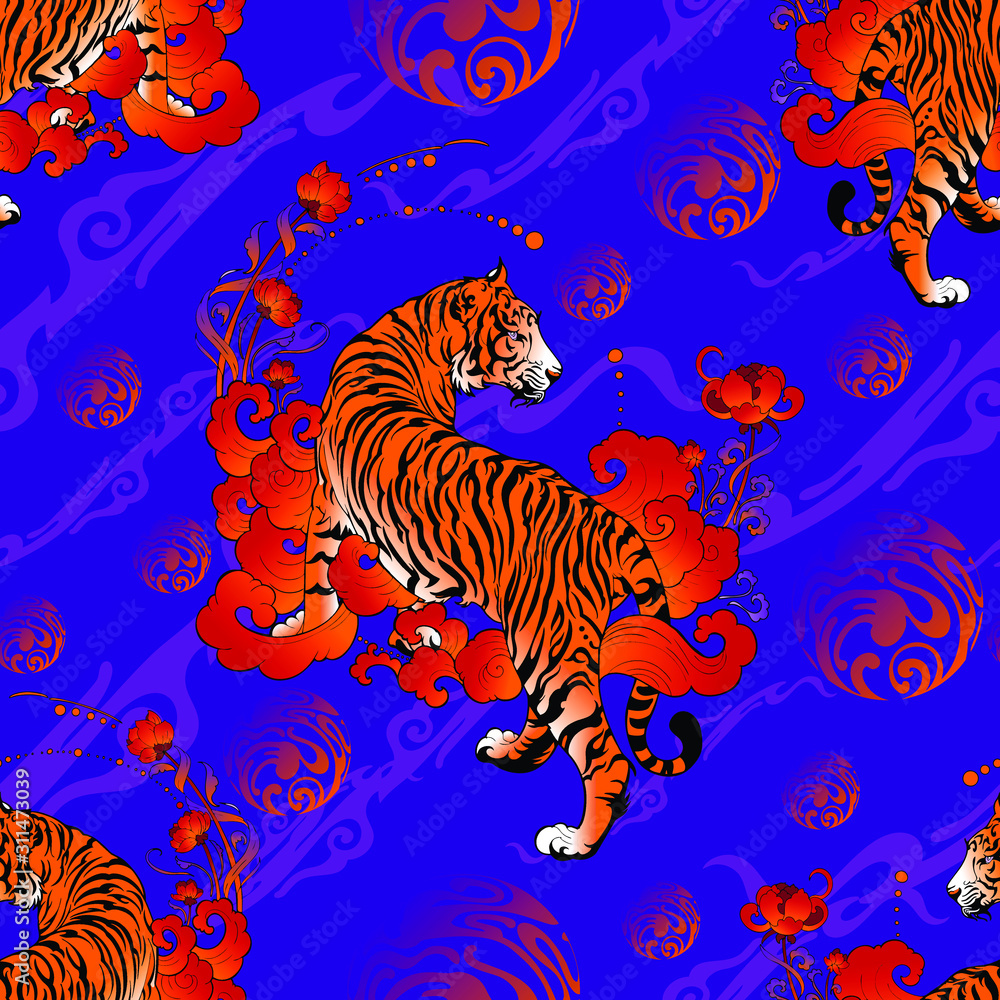 Tiger and flower and cloud design with Japanese or Chinese oriental ...