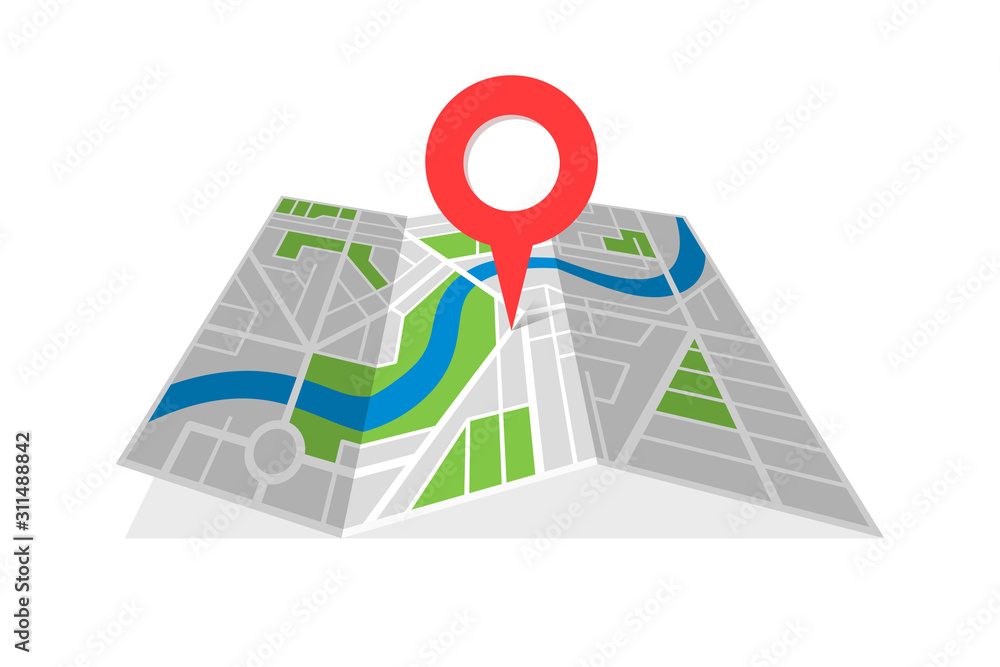City street cartography folded map with navigation location pin pointer ...
