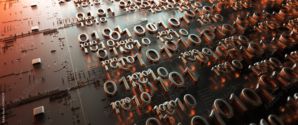 Abstraction Illustration Binary Code Strings Are Processed By The Computers Motherboard