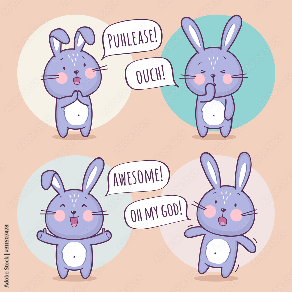 Set of cute bunny rabbit character with different emotions. Vector ...