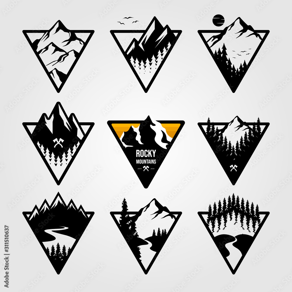 set of vintage mountain triangle logo view landscape outdoor adventure ...