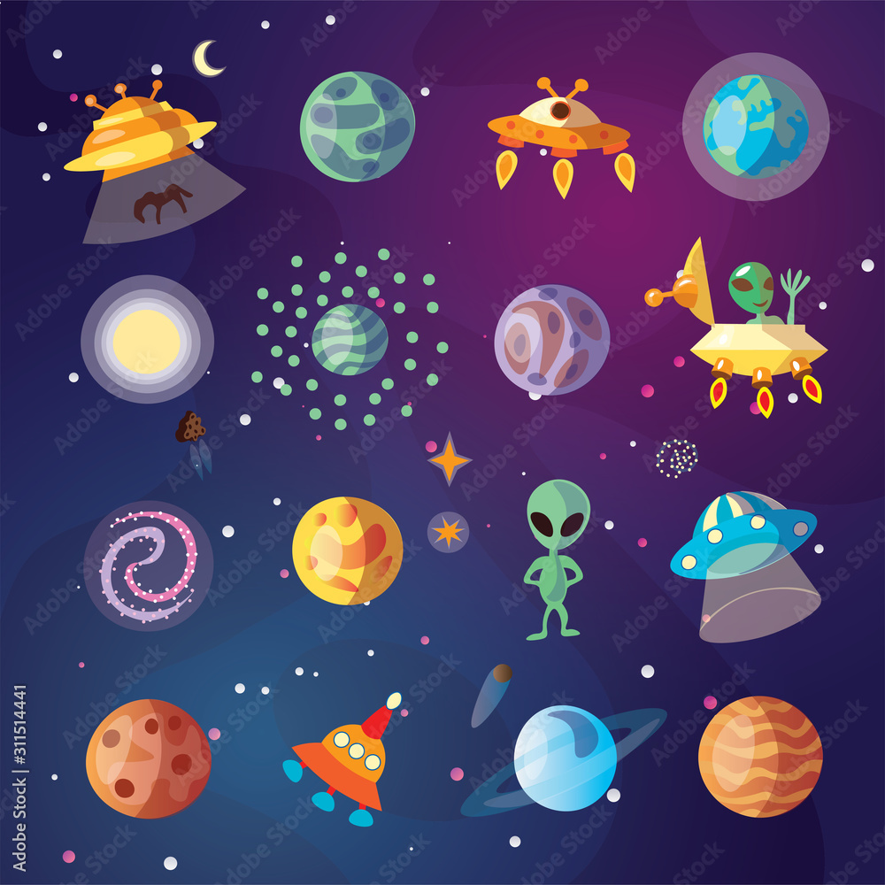 Cute cartoon space explorer, astronomy science and UFO vector set ...