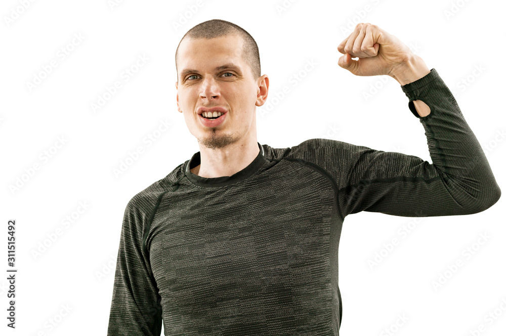 Man in gray run compression shirt with long sleeves and thumb hole feel ...