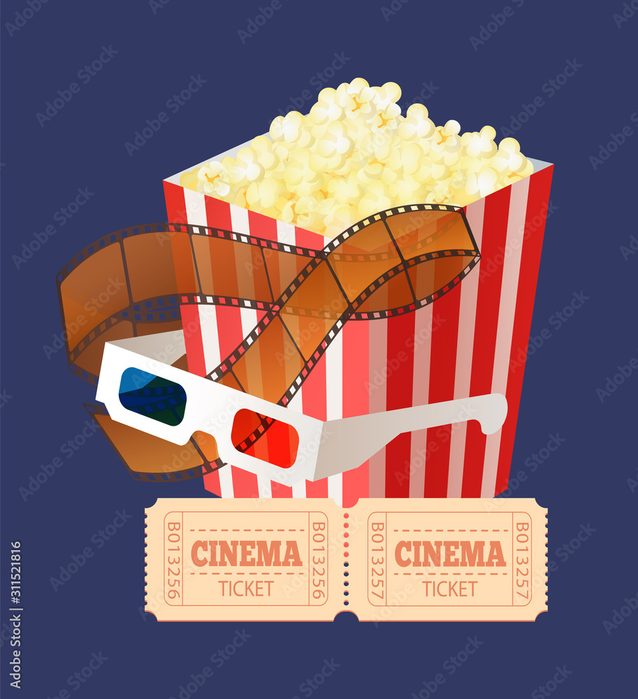 Popcorn in paper containter, glasses for watching in 3d format, cinema ...