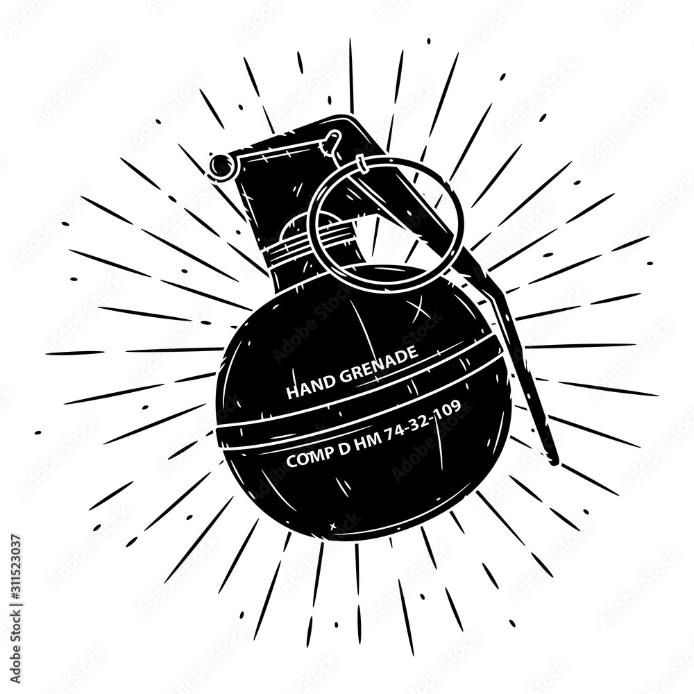 Grenade. Hand drawn vector illustration with a grenade and divergent ...