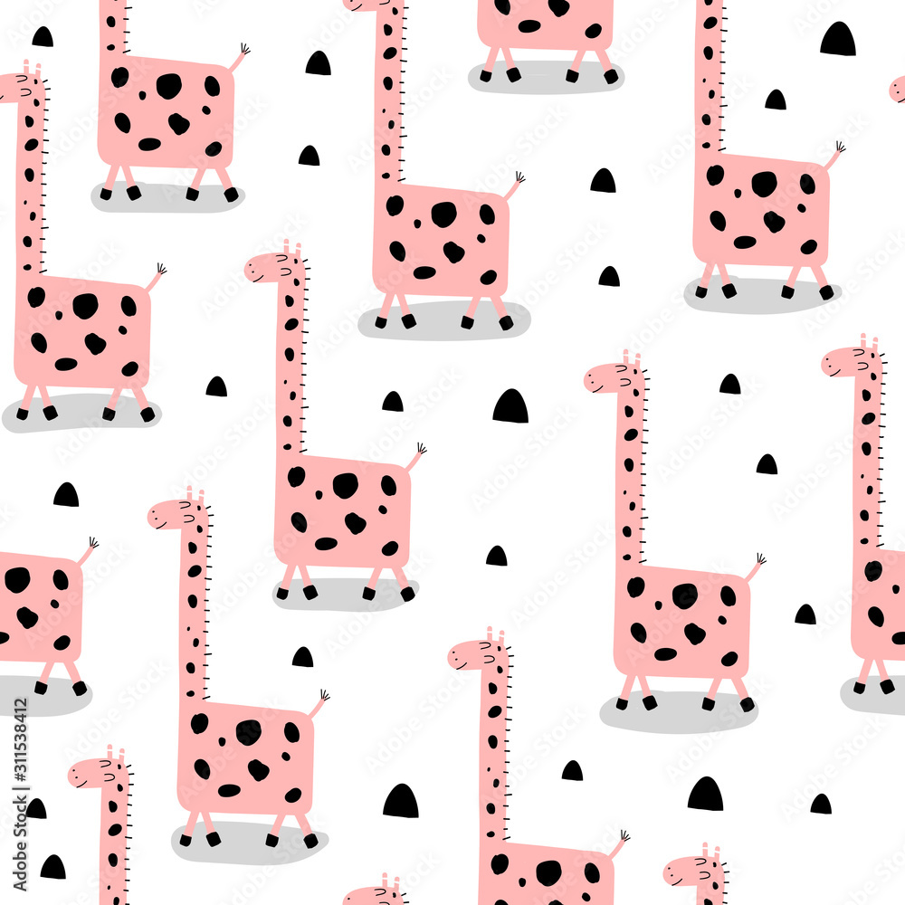 Seamless pattern with cartoon giraffes, decor elements. Flat colorful ...
