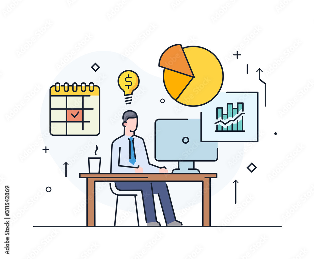 Businessman at workplace interface of monitor. Workflow, growth ...