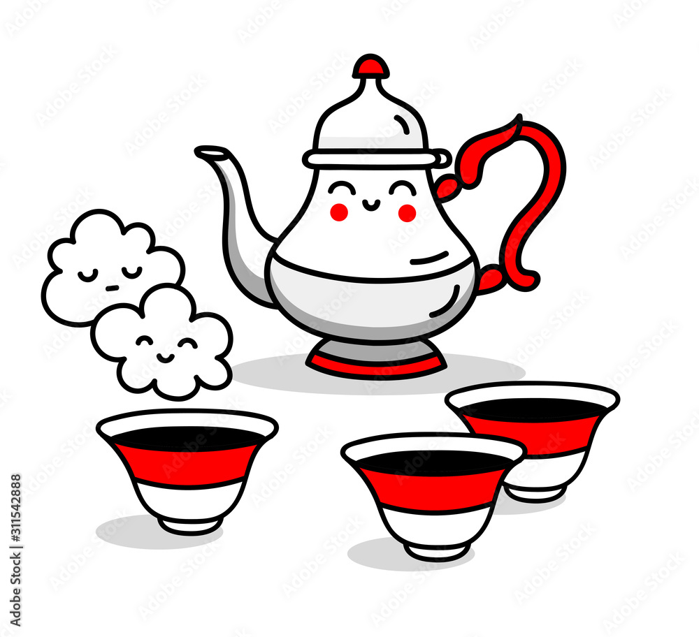 Cute teapot with teacups. Kawaii cartoon characters. Tea party. Vector ...