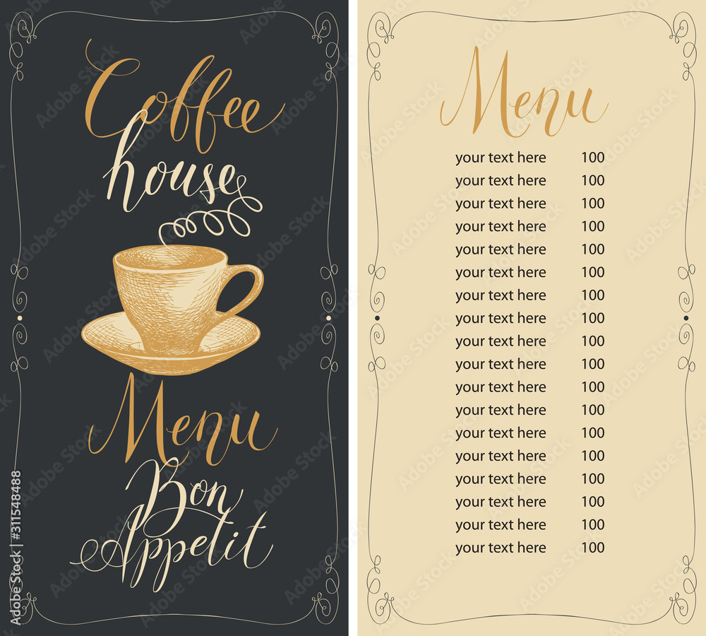 Vector menu for coffee house with handwritten inscriptions, drawing of ...