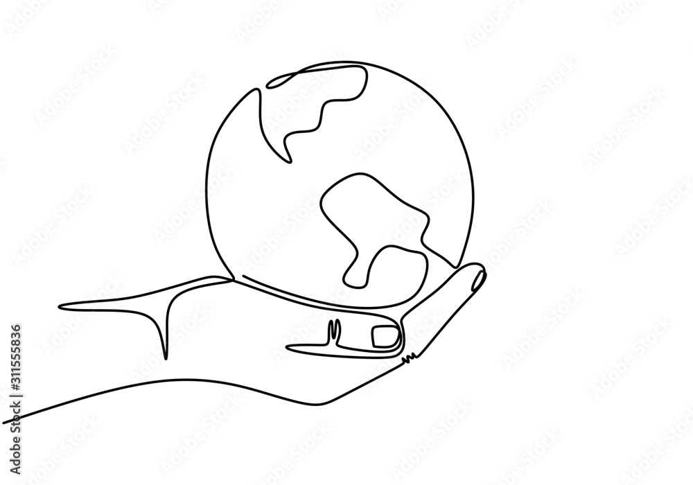 Continuous line drawing of hand holding Earth globe or world. Vector ...