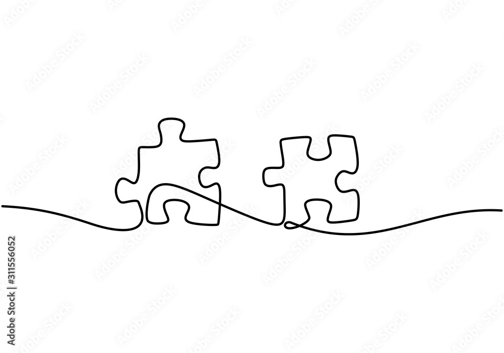 Continuous one line drawing of puzzle jigsaw pieces. Problem solving ...