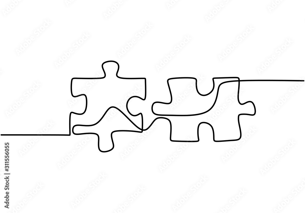 Continuous line drawing of jigsaw puzzle vector. Connecting and problem ...