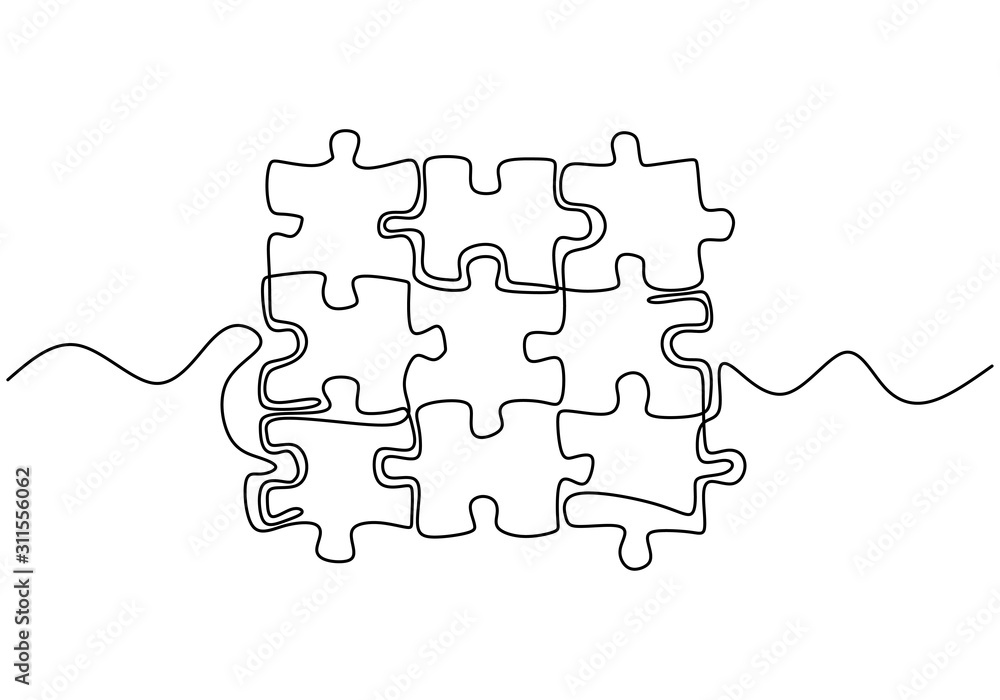 Continuous one line drawing of puzzle jigsaw pieces. Problem solving ...