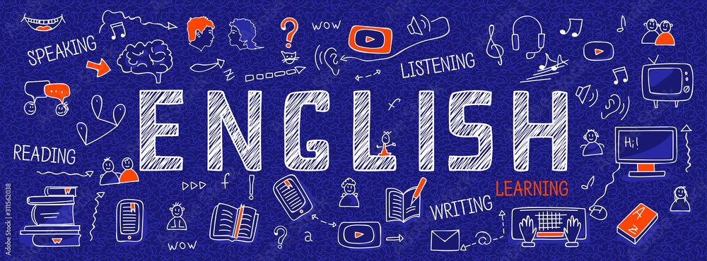 Internet banner about learning English language: white outline icons ...
