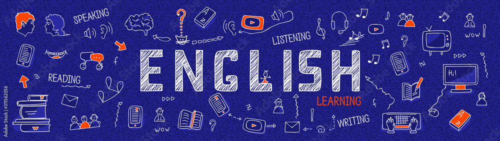 Internet banner about learning English language: white outline icons ...