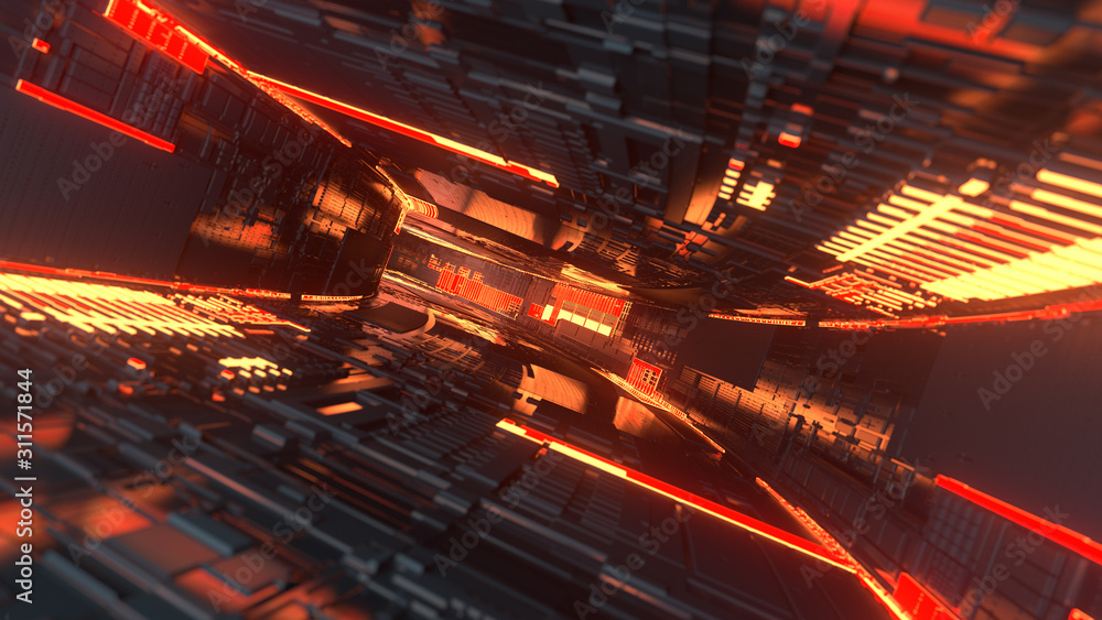 3d render of 4k sci-fi tunnel with glowing zones. High detailed surface ...
