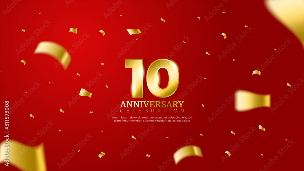 10th anniversary celebration vector red background. Golden numbers with ...