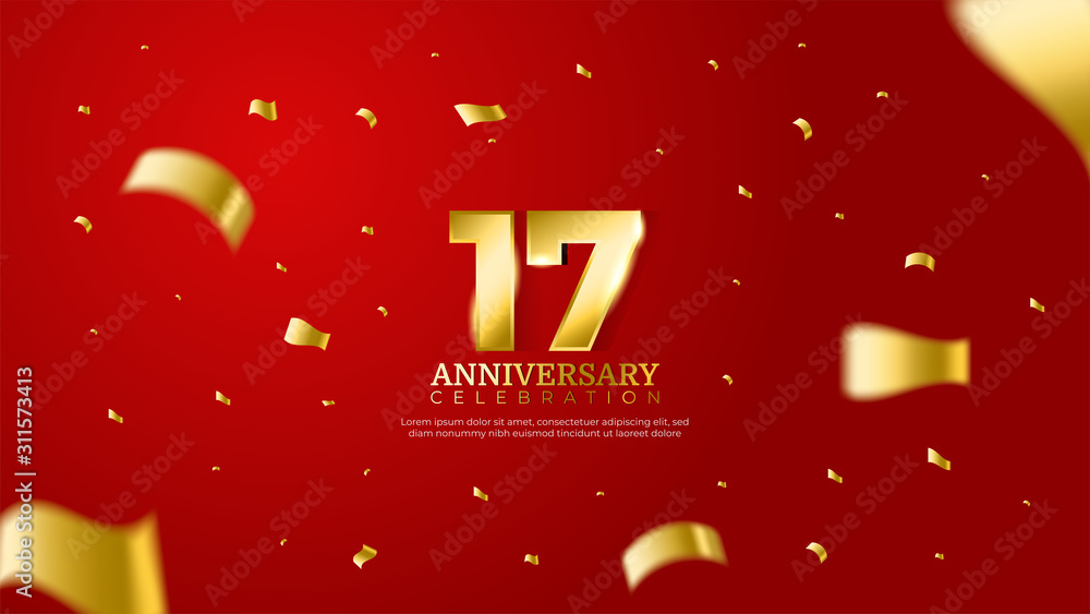 17th anniversary celebration vector red background. Golden numbers with ...