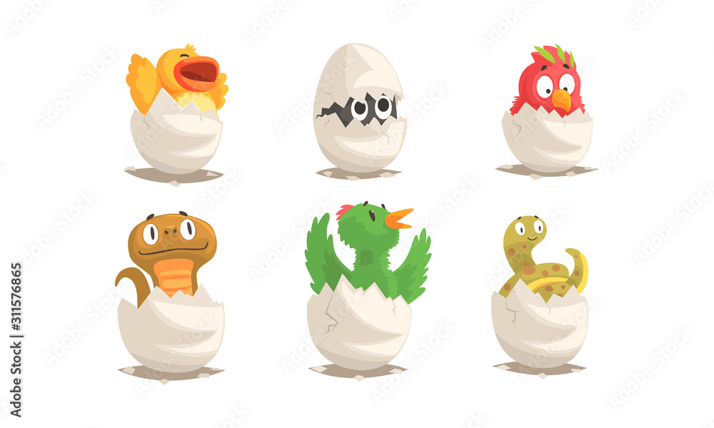 Cute Birds and Reptiles Hatching Vector Set. Cartoon New Born Creatures ...