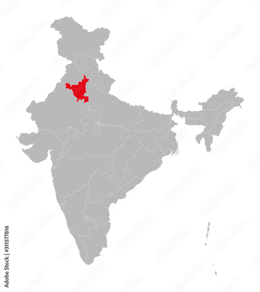 Haryana state marked red on indian map vector. Light gray background ...