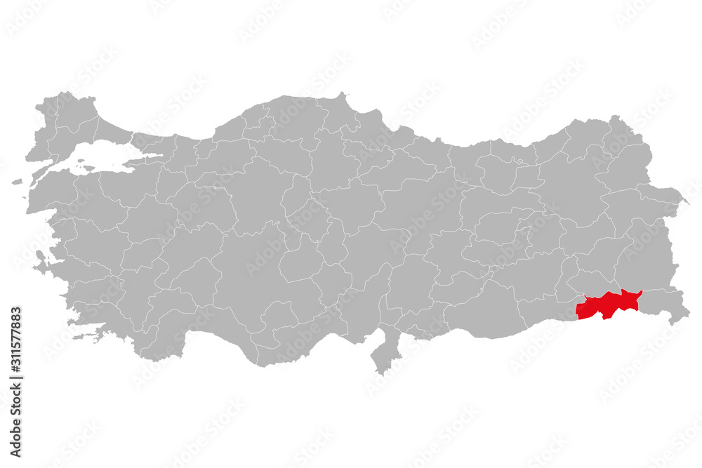 Sirnak province marked red color on turkey political map vector. Gray ...