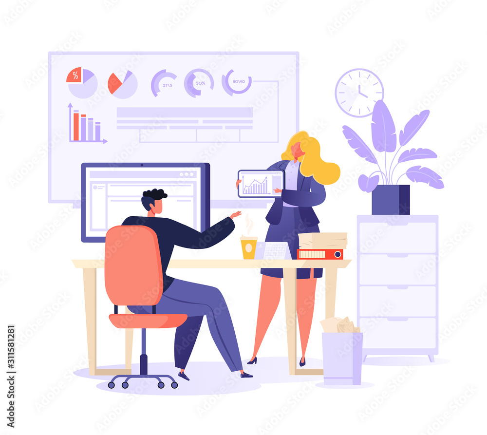 Colleagues of male and female characters sitting and standing at the ...