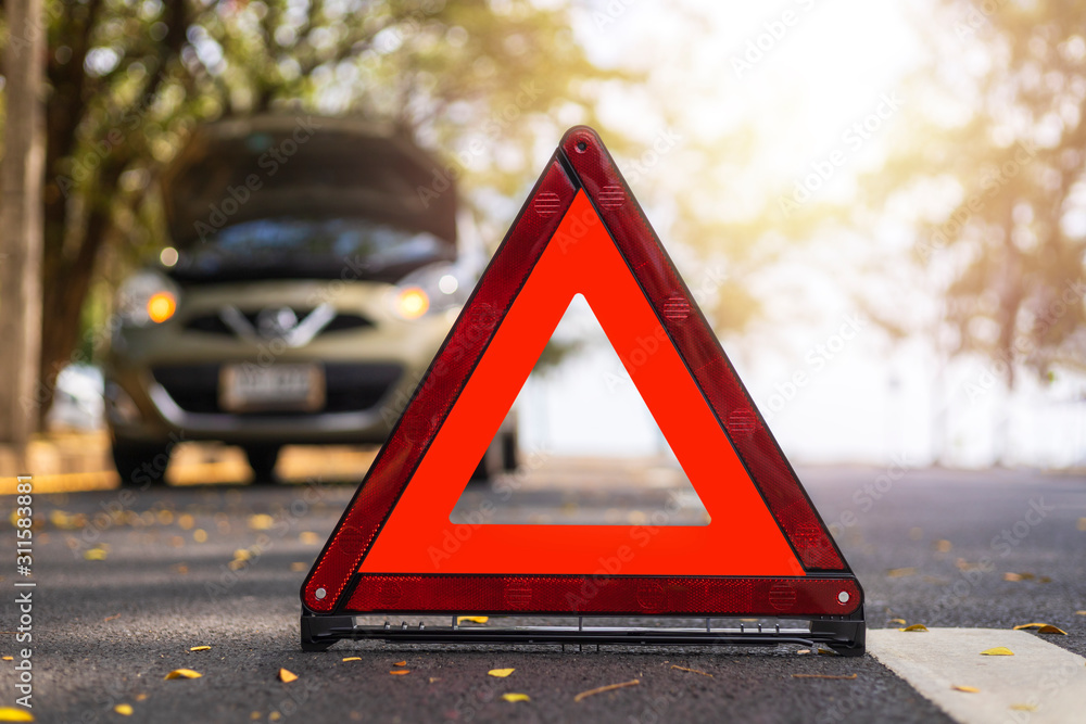 Red triangle, red emergency stop sign, red emergency symbol and car ...