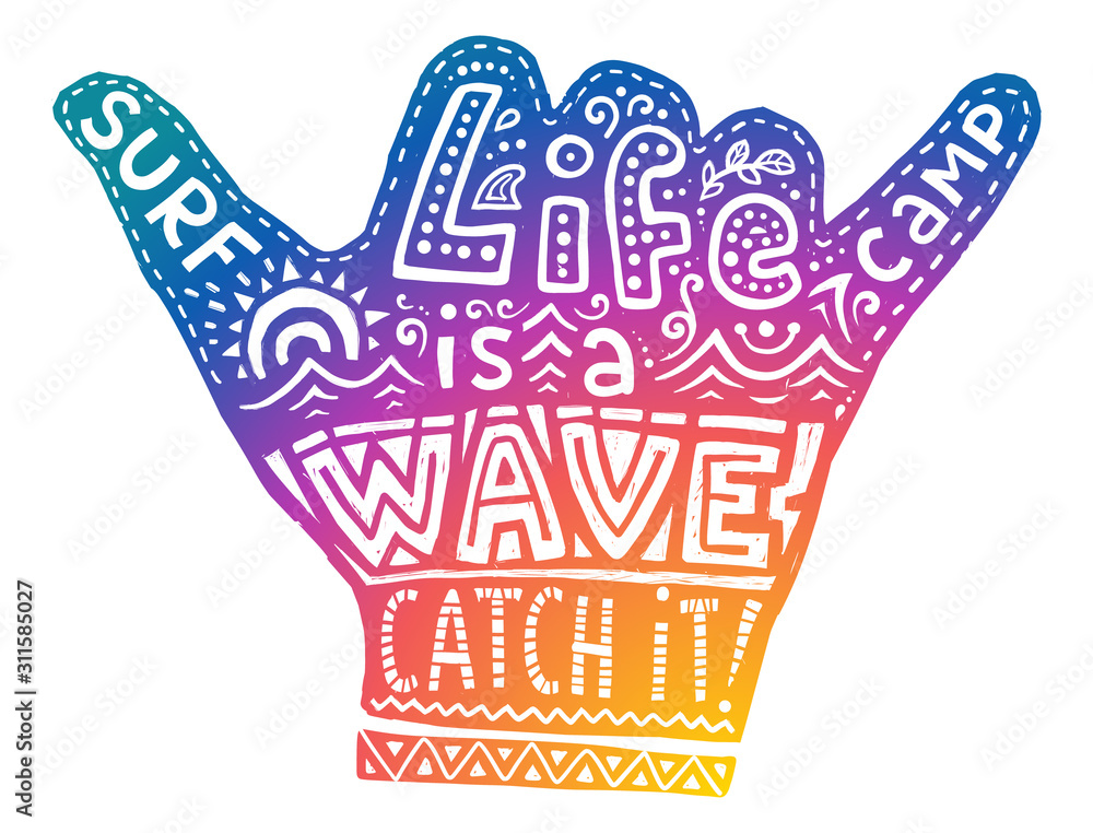 Colorful surf camp shaka hand symbol with white hand drawn lettering ...