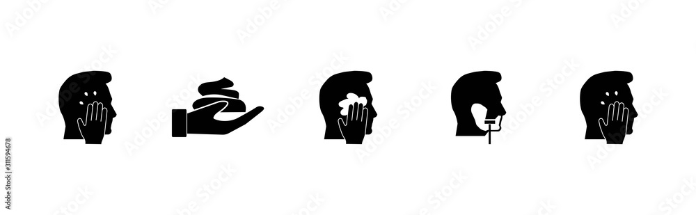 Icon set Man for shaving, various stages of shaving, Man washing, Man ...