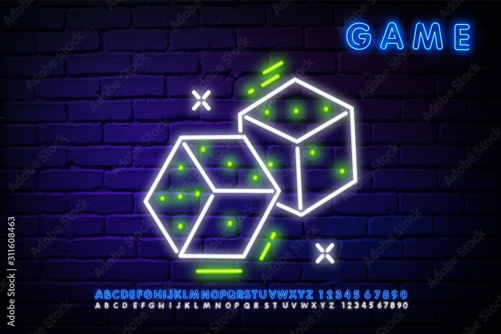 Dice Neon sign. White Dice Game symbols neon logo, light banner design ...