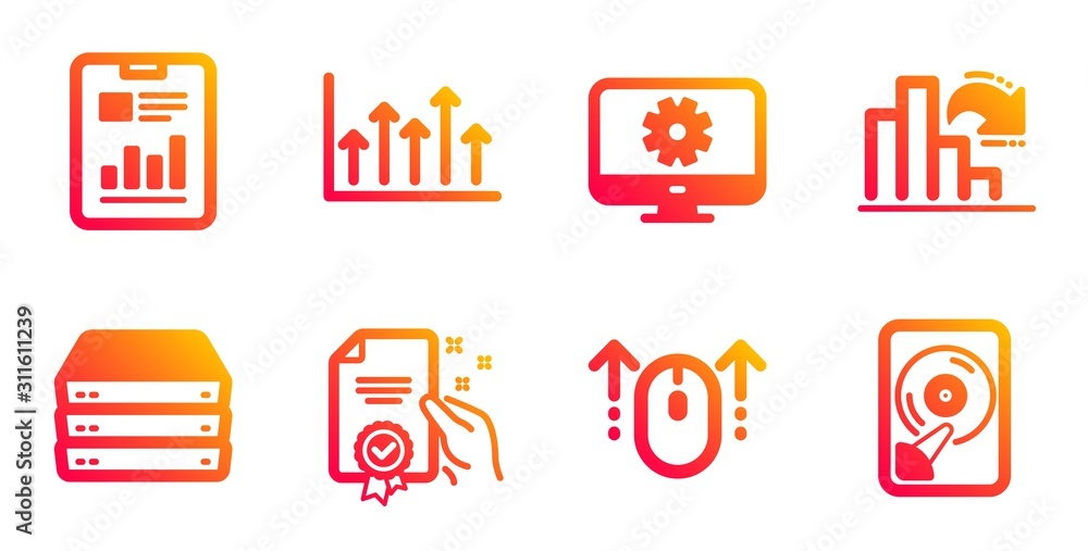Report document, Servers and Decreasing graph line icons set. Swipe up ...