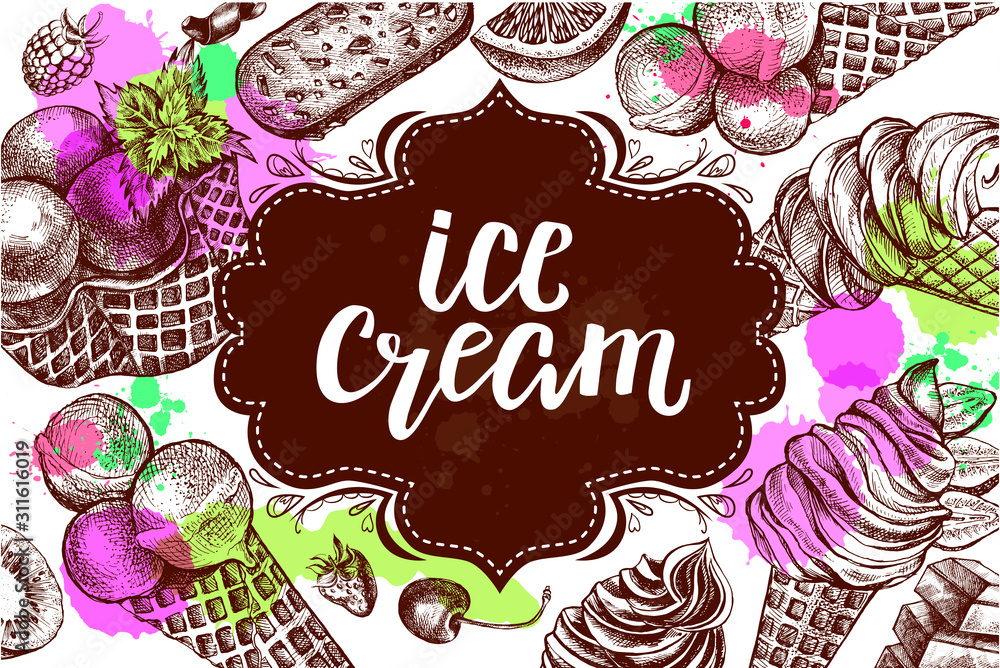 Ink hand drawn background with different types of ice cream. Food ...