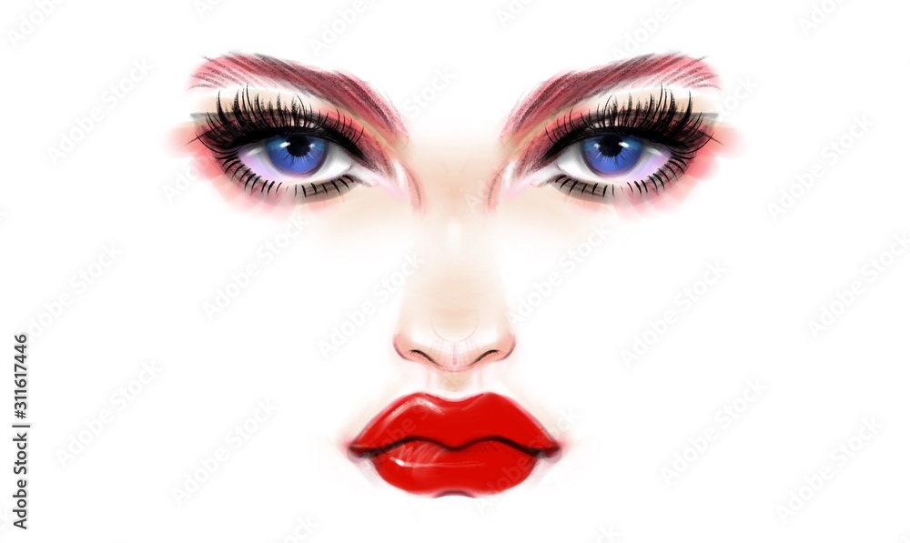 Front face of a woman with big blue and violet eyes and full red lips ...