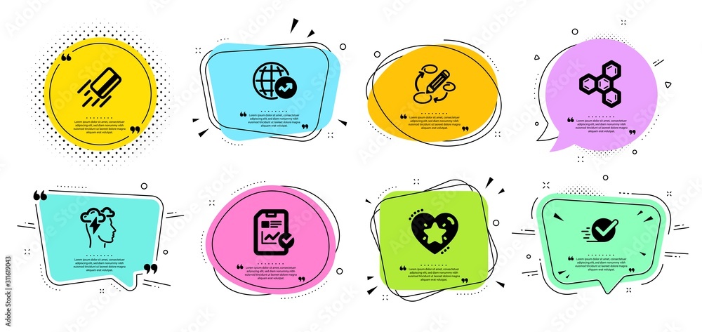 Ranking star, Checkbox and Chemical formula line icons set. Chat ...