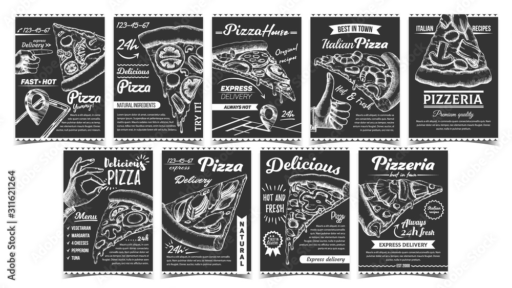 Pizzeria Collection Different Posters Set Vector. Slice Cheese Pizza ...
