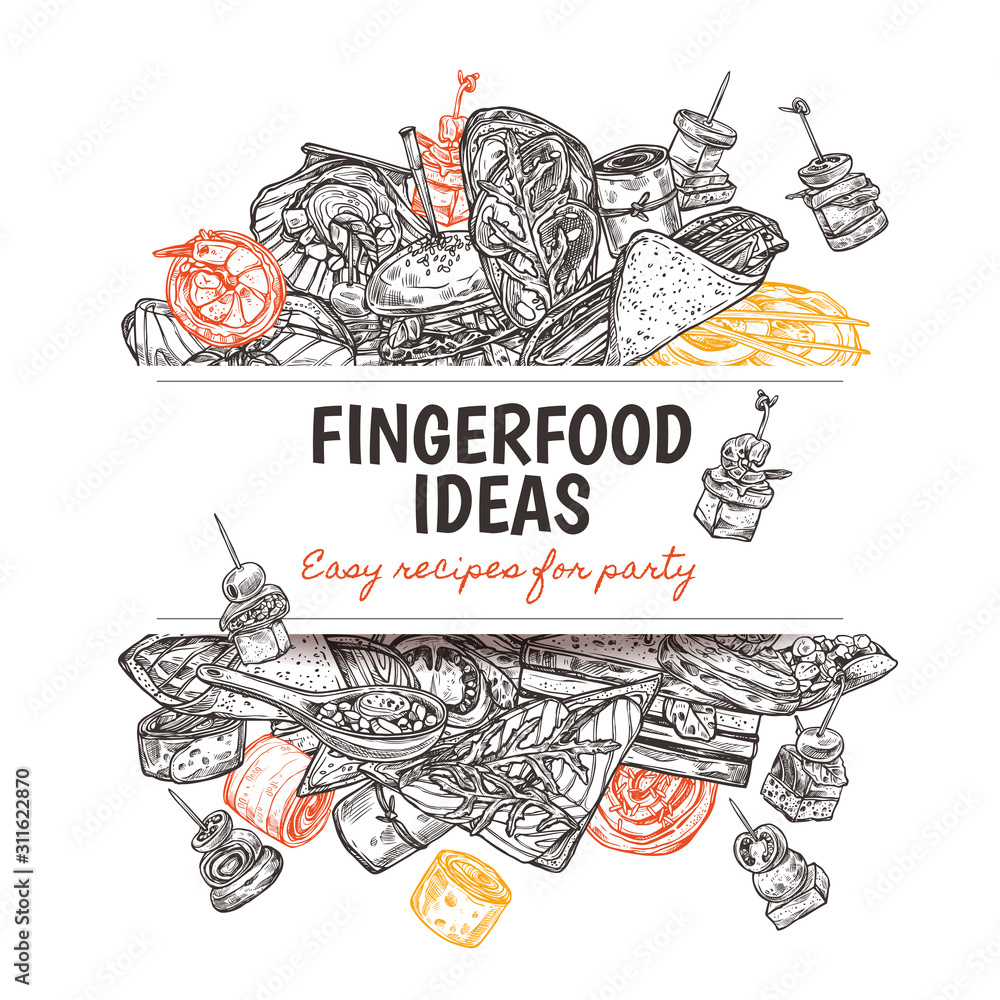 Banners with finger food design. Snacks, appetizers, mini canapes ...