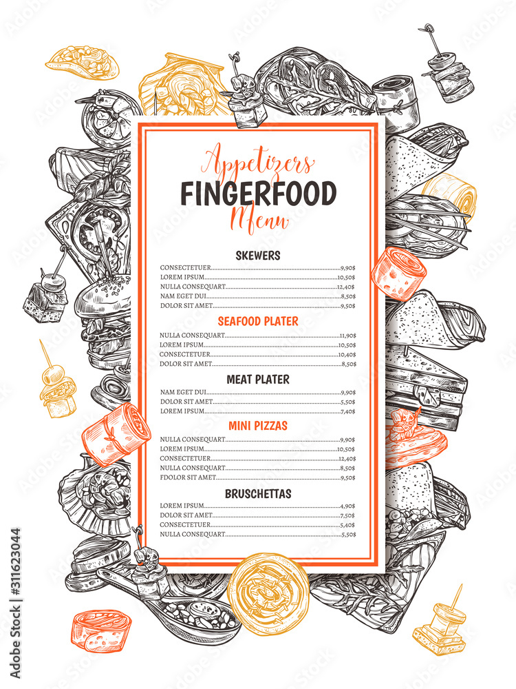 Menu design with finger food background for restaurant, cafe. Snacks ...