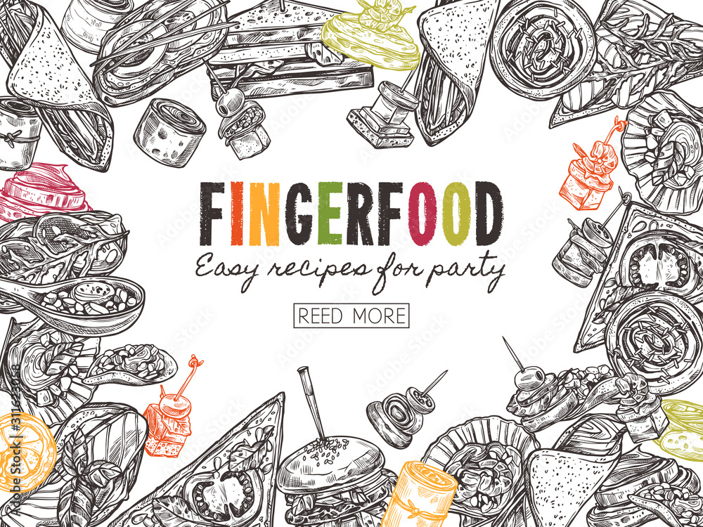 Poster with finger food background, template for website. Snacks ...