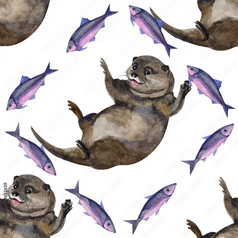 Watercolor seamless pattern with otter hand drawing decorative ...