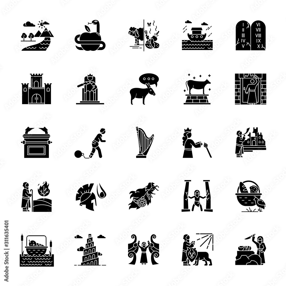 Bible narratives glyph icons set. Noah Ark, Babel tower. Moses, God ...