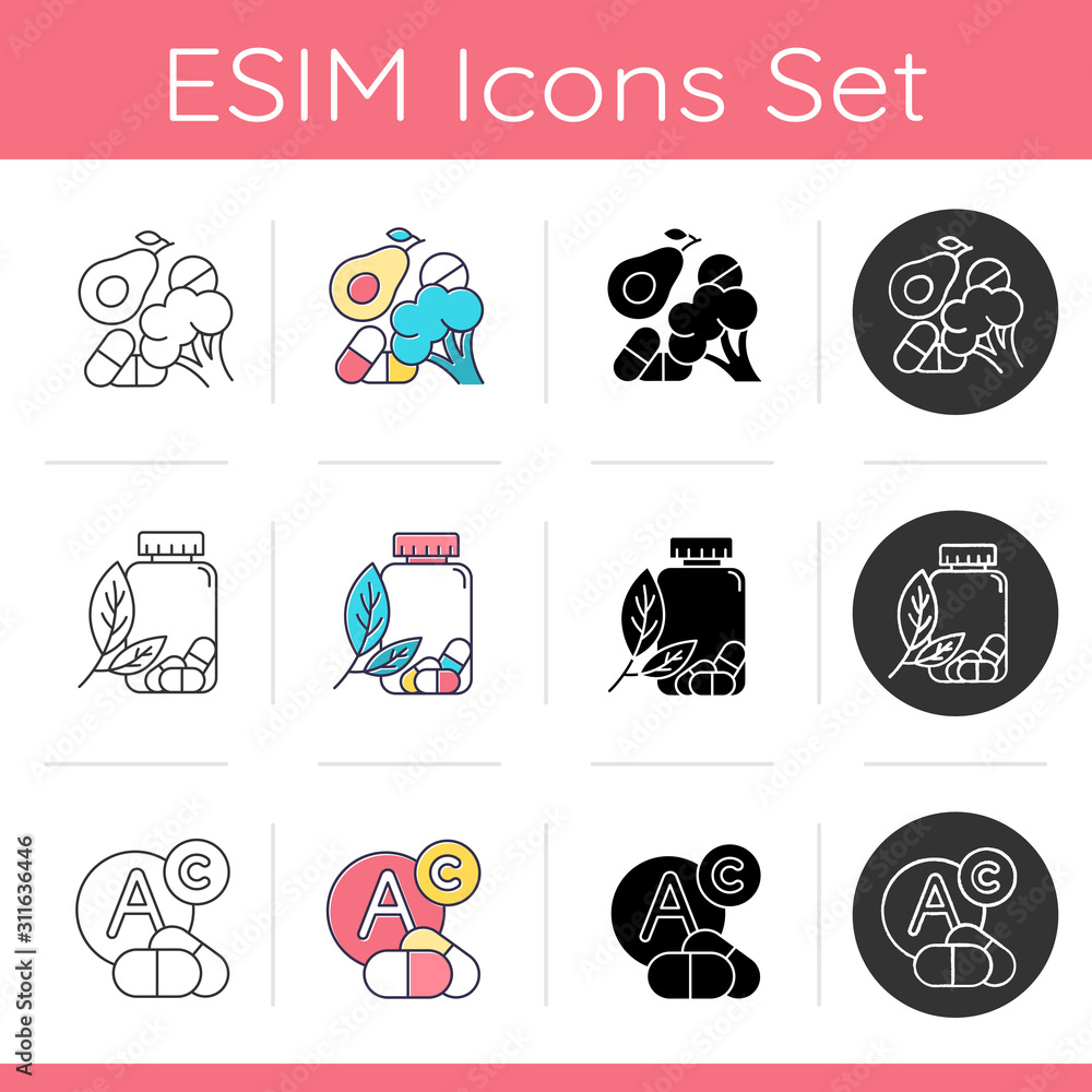 Vitamin intake icons set. Vegetables for healthcare. Pharmaceutical aid ...