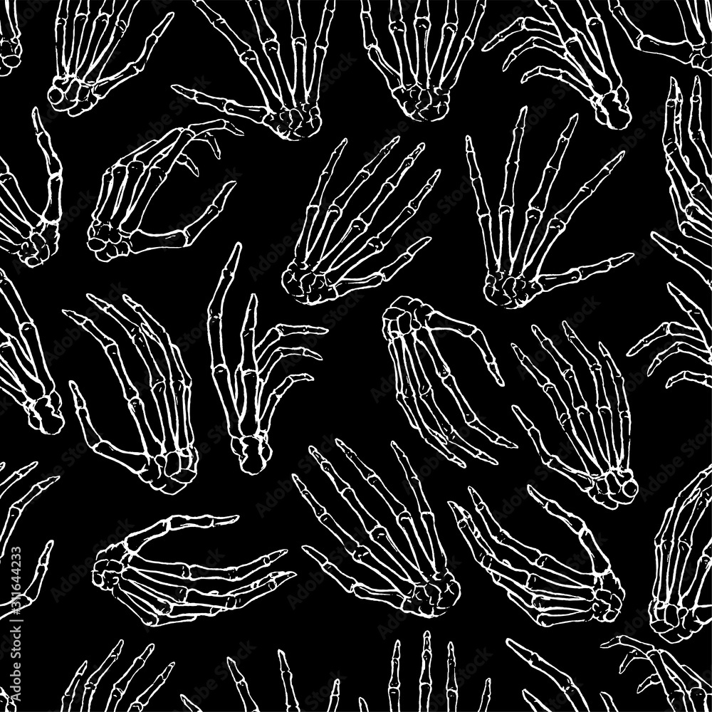 Hand drawn vector seamless pattern. Human bone hands in different ...