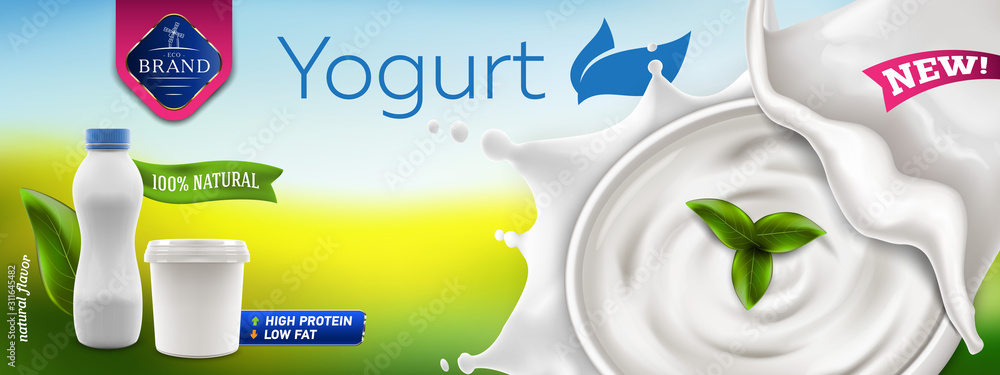 Natural Greek and drink Yogurt ads banner with bowl of cream in milk ...