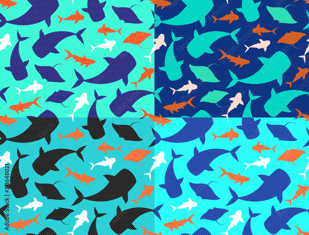 Sea life fishes and mammals pattern set. Vector seamless ocean animals ...