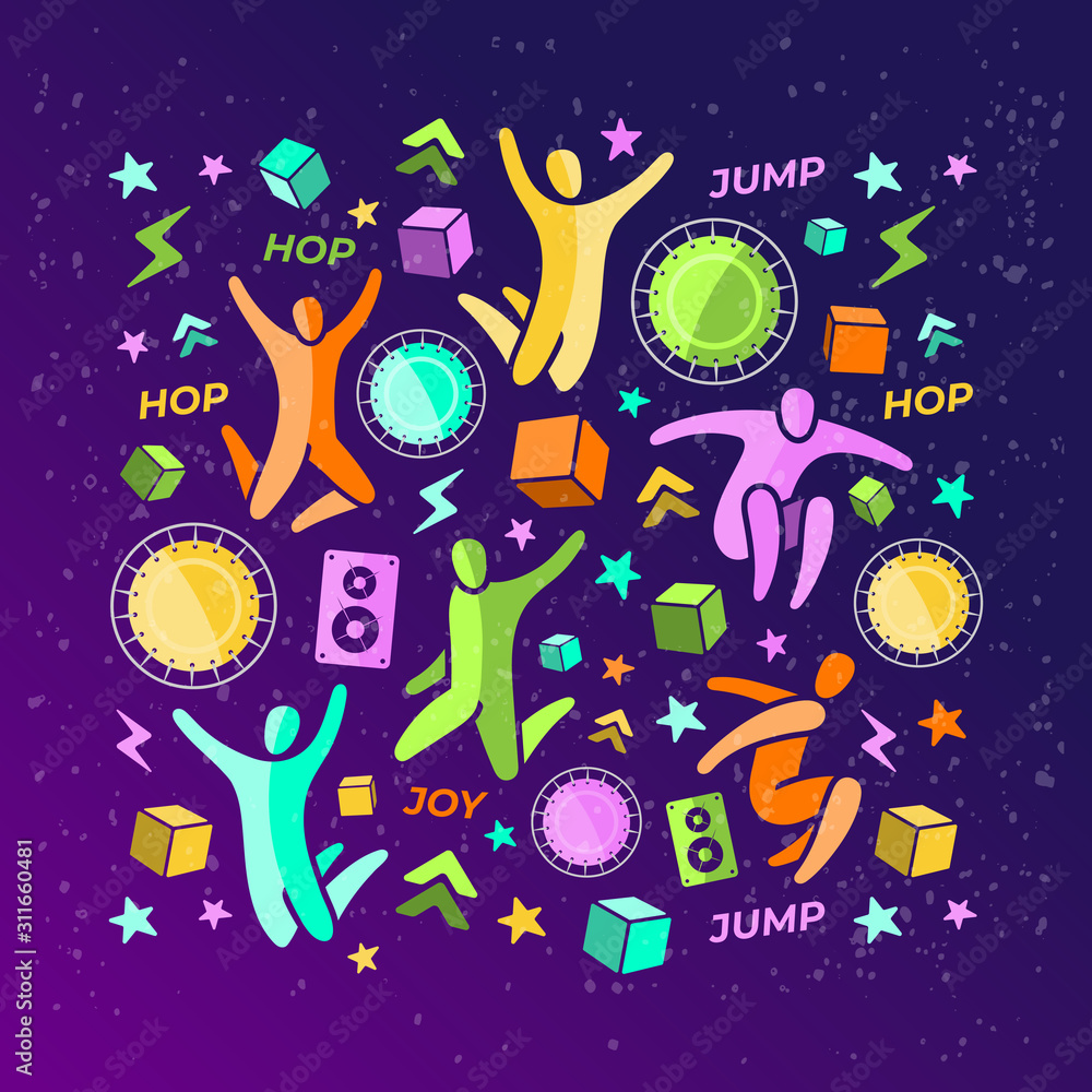 Set of 14 icons: jumping people, top view trampoline, sound speaker ...
