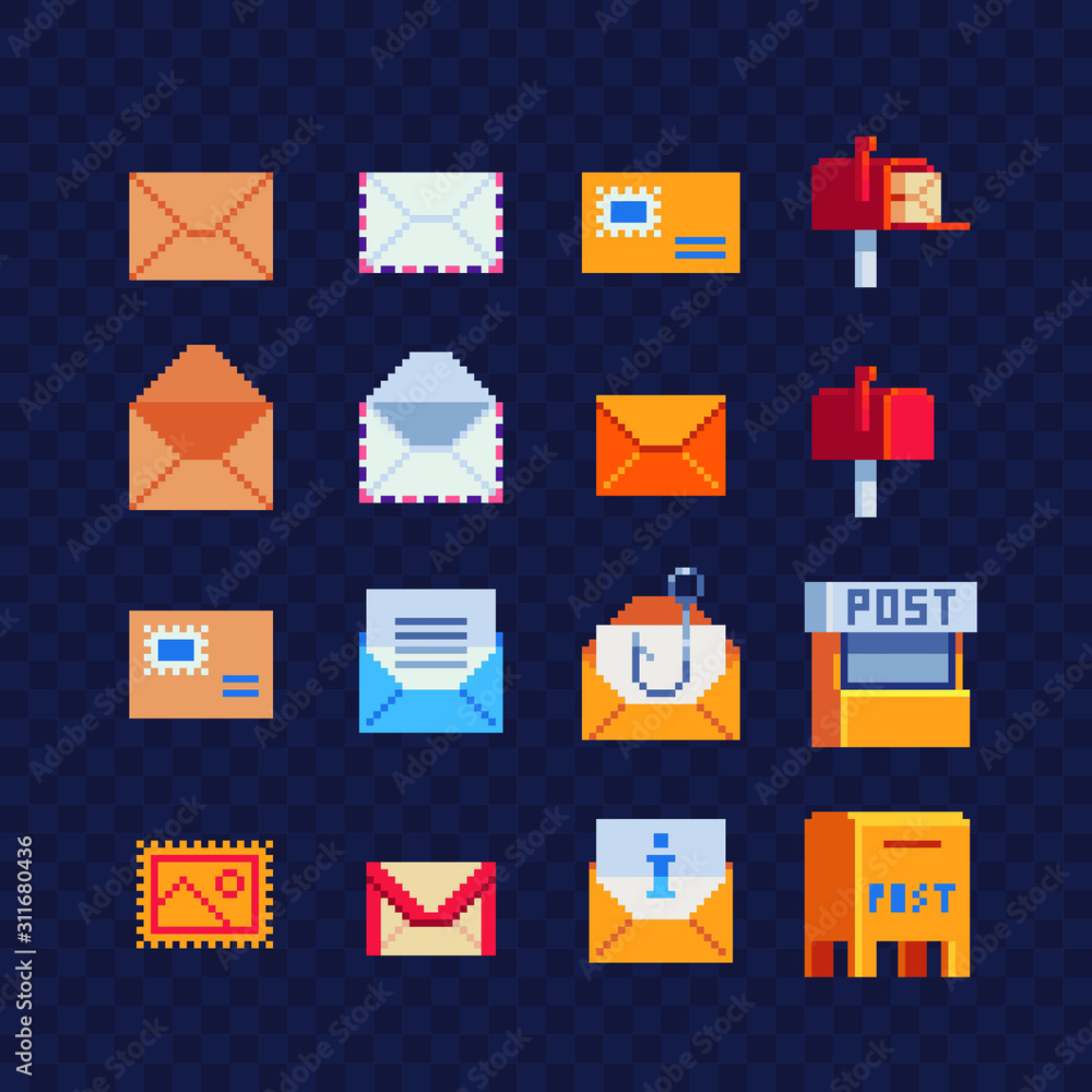 Post pixel art icon set, data, document, note, Open and closed envelope ...