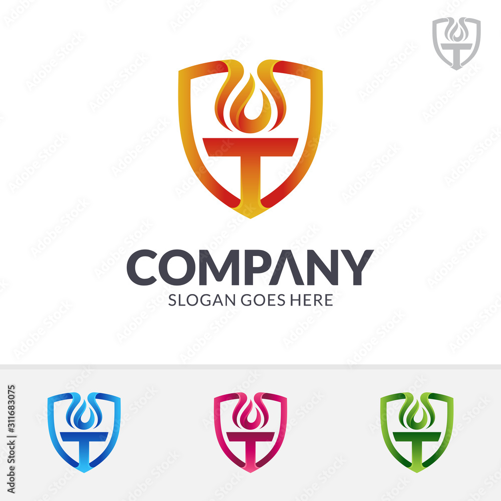 Torch shield logo. Letter T logo. Torch fire vector illustration Stock ...