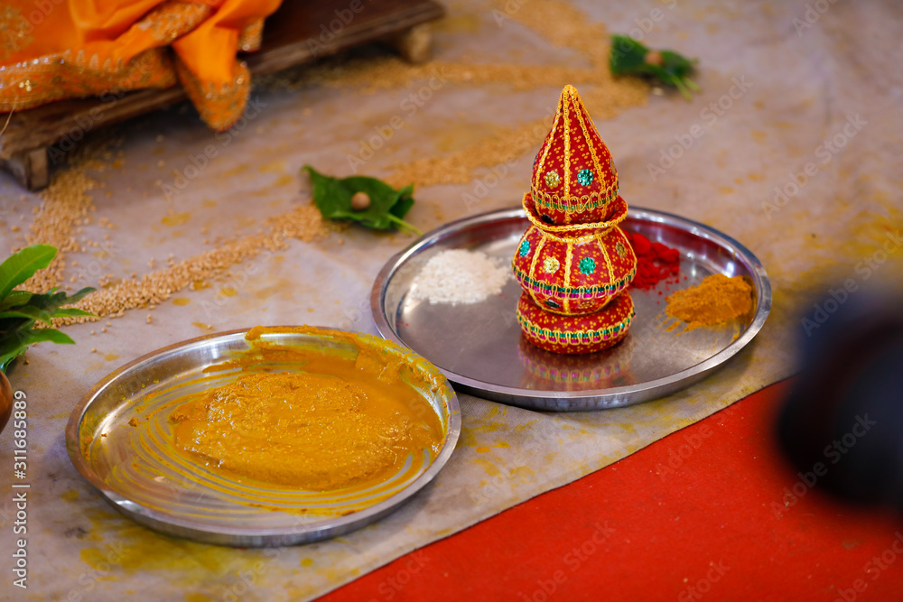 Indian Traditional Wedding: Turmeric powder in plate for haldi ceremony ...
