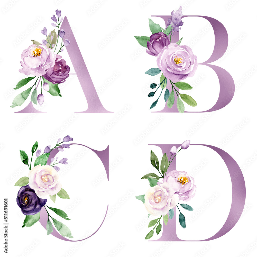 Floral alphabet, letters set with watercolor violet flowers roses and ...