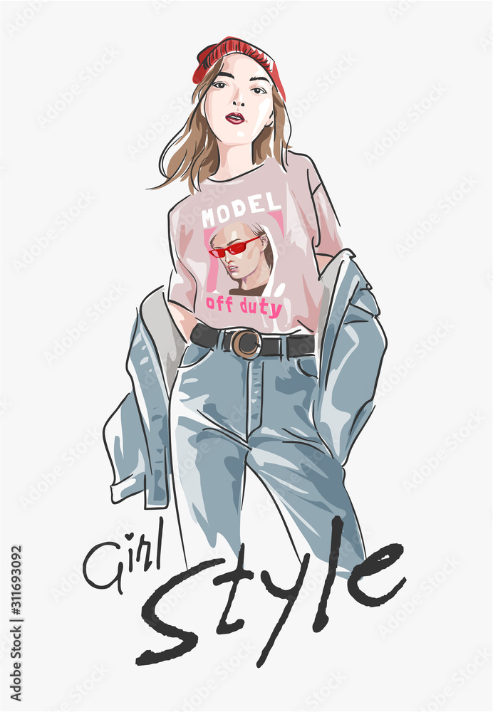 girl style slogan with hand sketch girl illustration Stock Vector ...